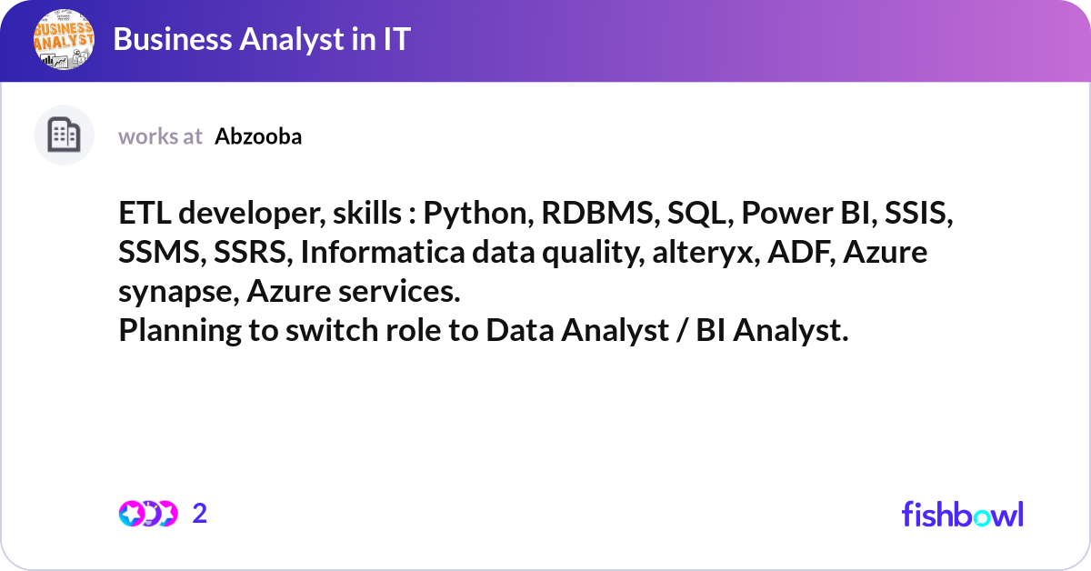 ETL developer, skills : Python, RDBMS, SQL, Power ... | Fishbowl