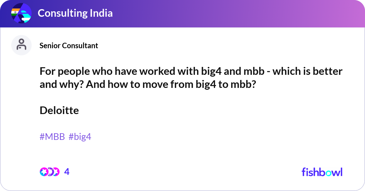 For people who have worked with big4 and mbb - whi... | Fishbowl