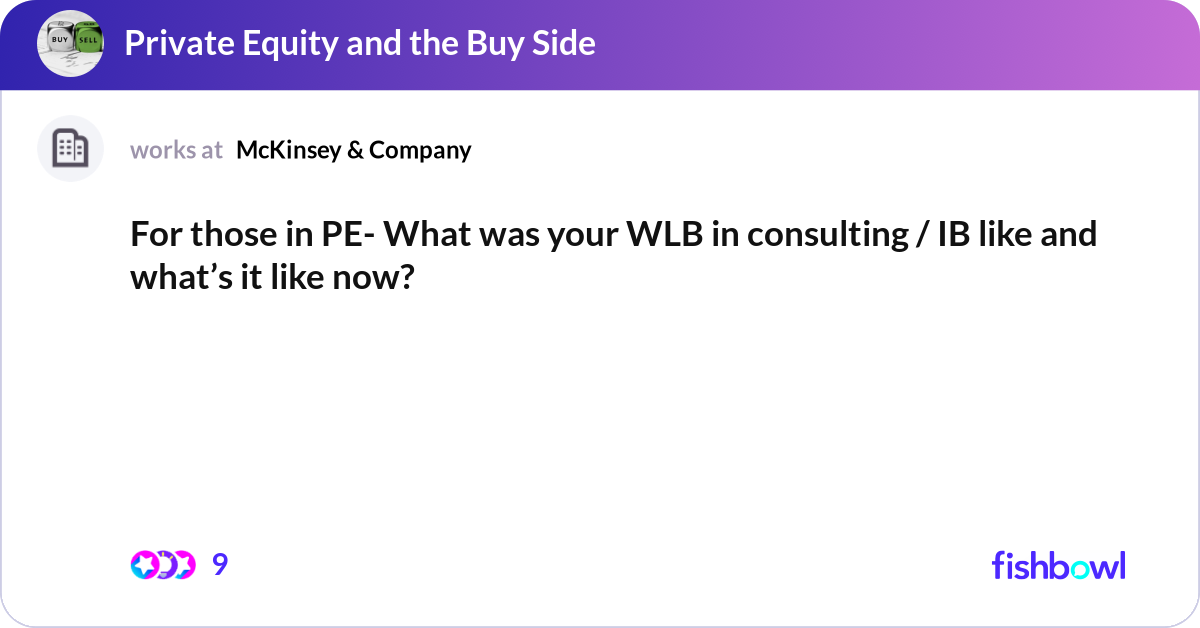 For those in PE- What was your WLB in consulting /... | Fishbowl