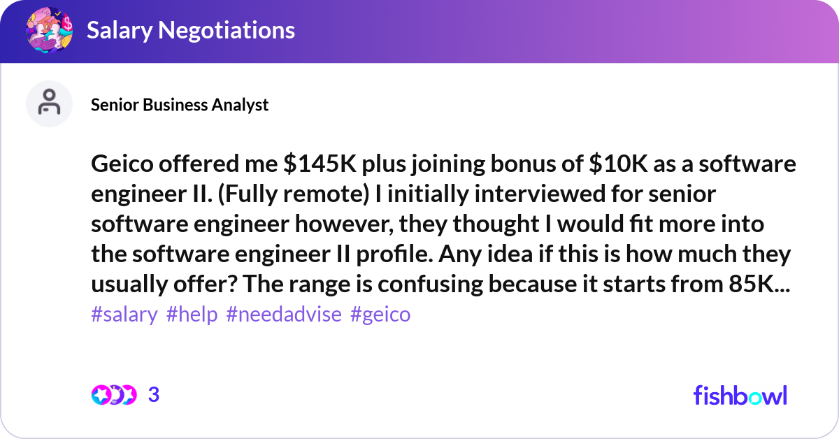 Geico offered me $145K plus joining bonus of $10K ... | Fishbowl