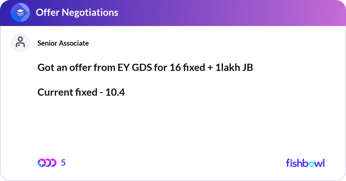 Got an offer from EY GDS for 16 fixed + 1lakh JB ... | Fishbowl