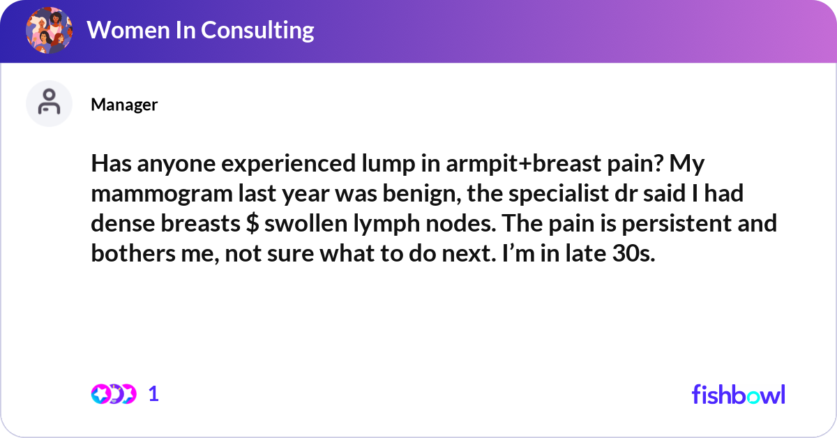 Has anyone experienced lump in armpit+breast pain?... | Fishbowl