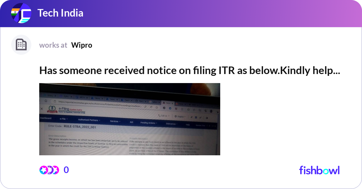 Has someone received notice on filing ITR as below... | Fishbowl