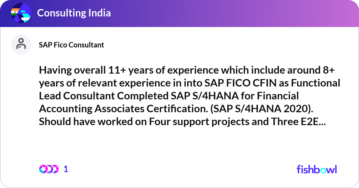 Having overall 11+ years of experience which inclu... | Fishbowl