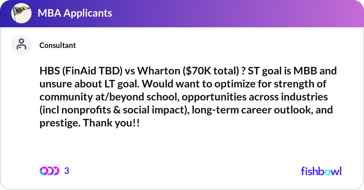 HBS (FinAid TBD) vs Wharton ($70K total) ? ST goal... | Fishbowl
