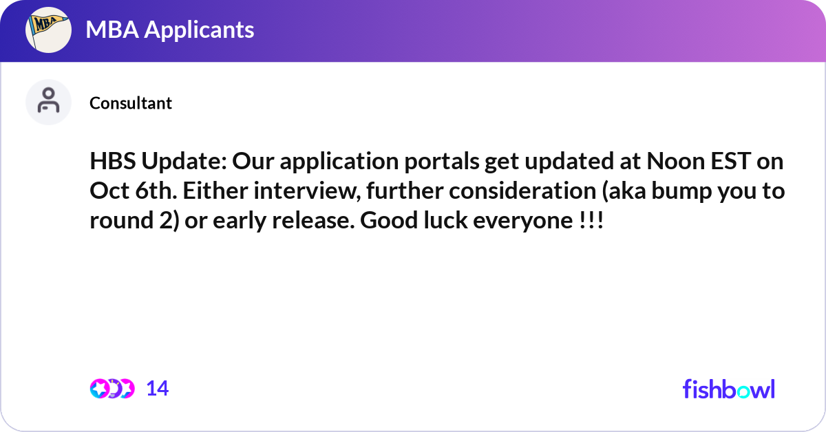 HBS Update: Our application portals get updated at... | Fishbowl