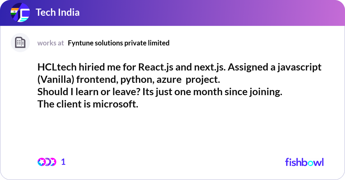 HCLtech hiried me for React.js and next.js. Assign... | Fishbowl