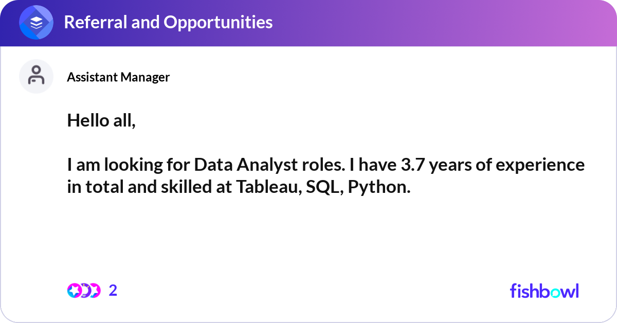 Hello all, I am looking for Data Analyst roles. I... | Fishbowl