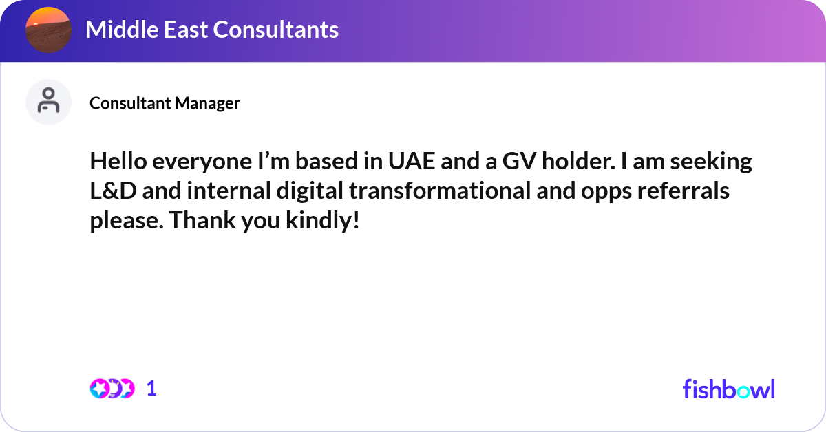 Hello everyone I’m based in UAE and a GV holder. I... | Fishbowl