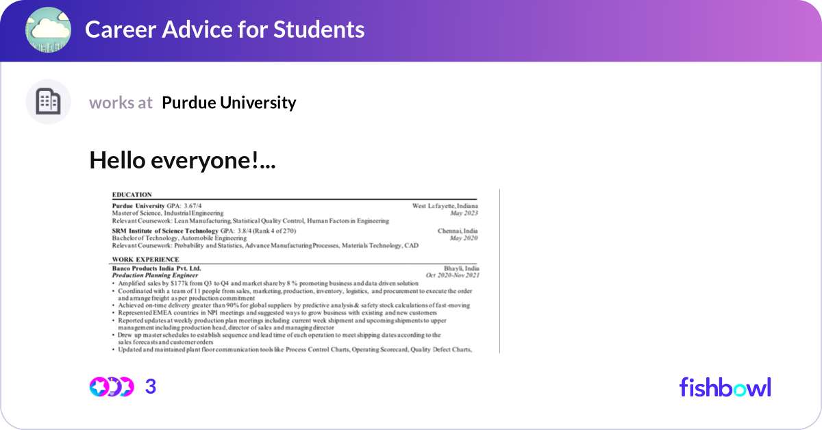 Hello everyone! I am graduate student looking for ... | Fishbowl