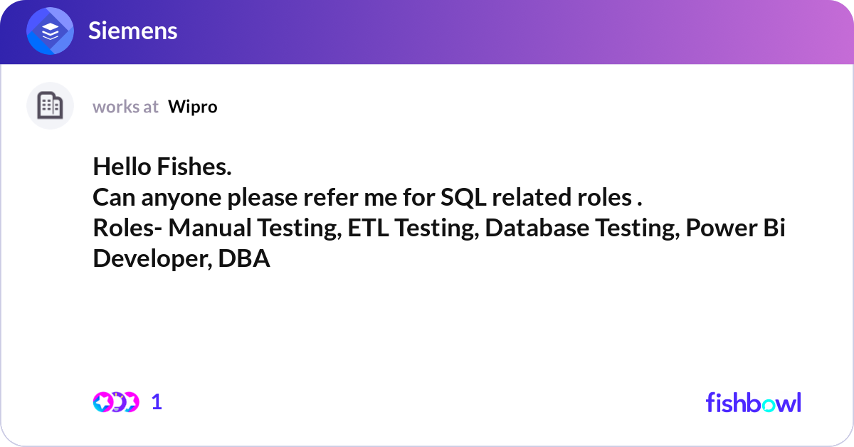 Hello Fishes. Can anyone please refer me for SQL r... | Fishbowl