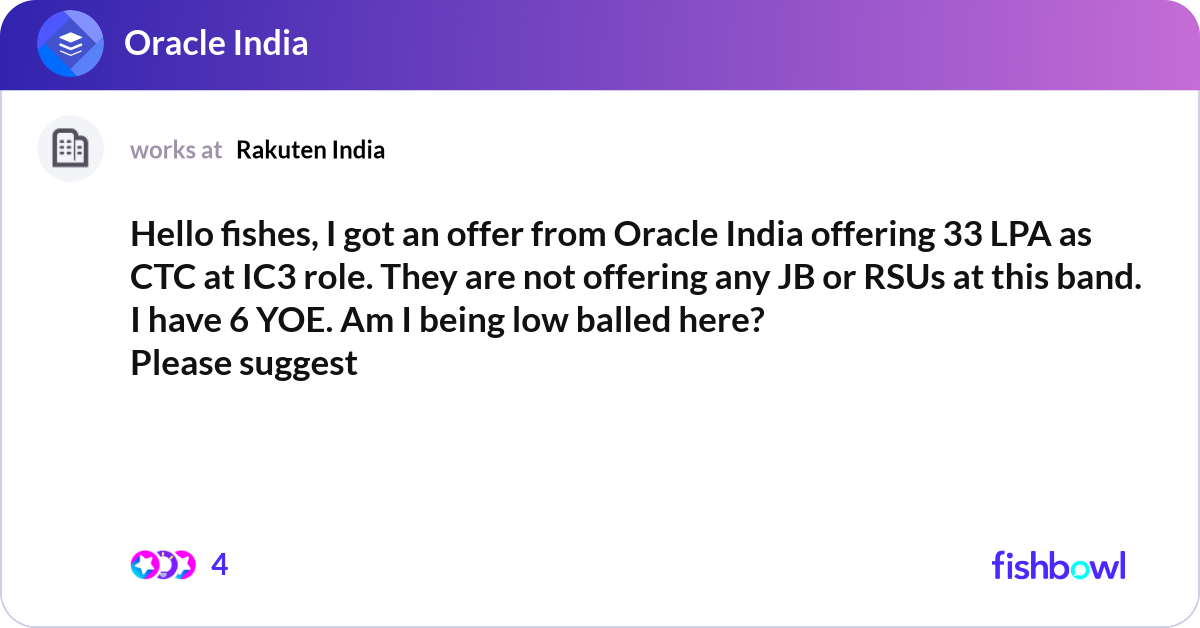 Hello fishes, I got an offer from Oracle India off... | Fishbowl