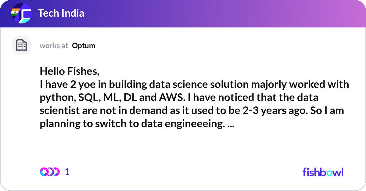 Hello Fishes, I have 2 yoe in building data scienc... | Fishbowl