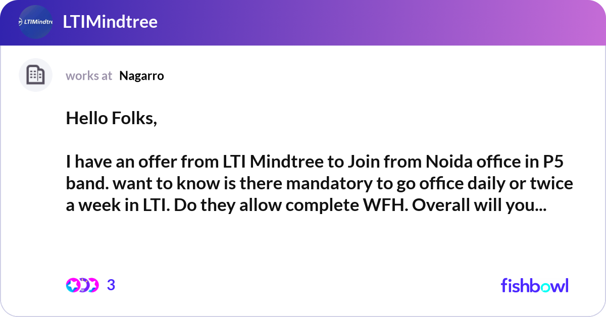 Hello Folks, I have an offer from LTI Mindtree t... | Fishbowl