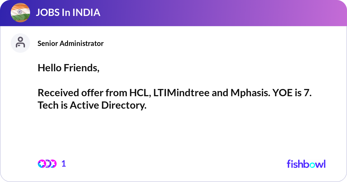 Hello Friends, Received offer from HCL, LTIMindtr... | Fishbowl
