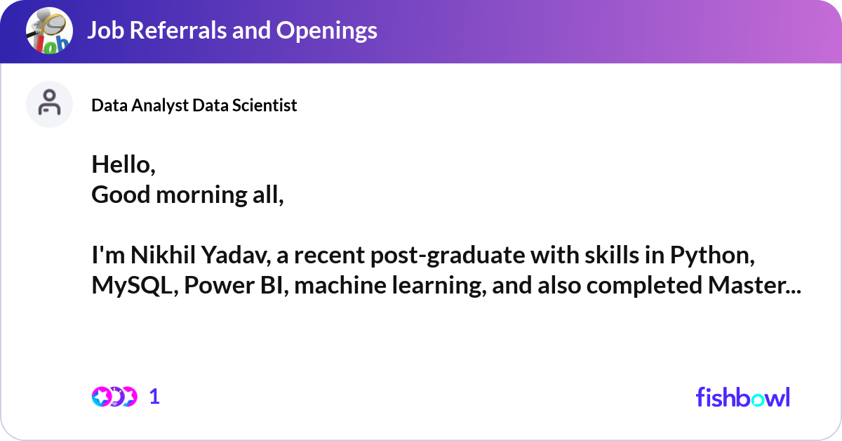 Hello, Good morning all, I'm Nikhil Yadav, a rece... | Fishbowl