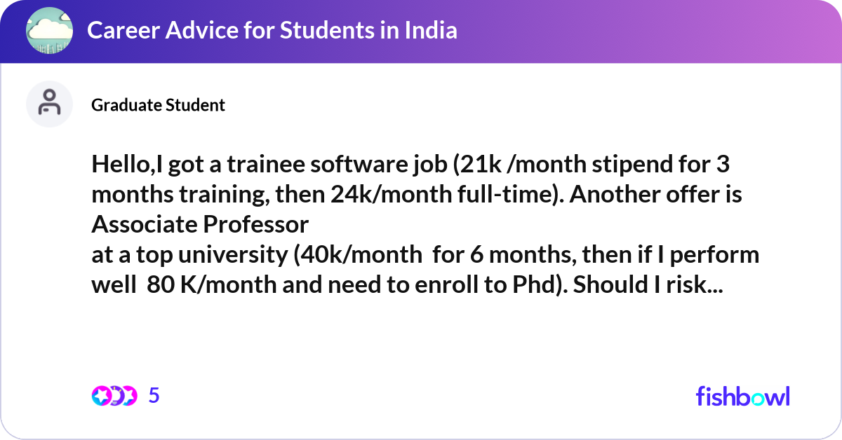 Hello,I got a trainee software job (21k /month sti... | Fishbowl