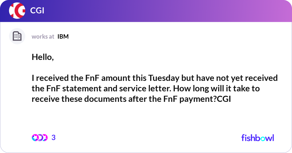 Hello, I received the FnF amount this Tuesday but... | Fishbowl