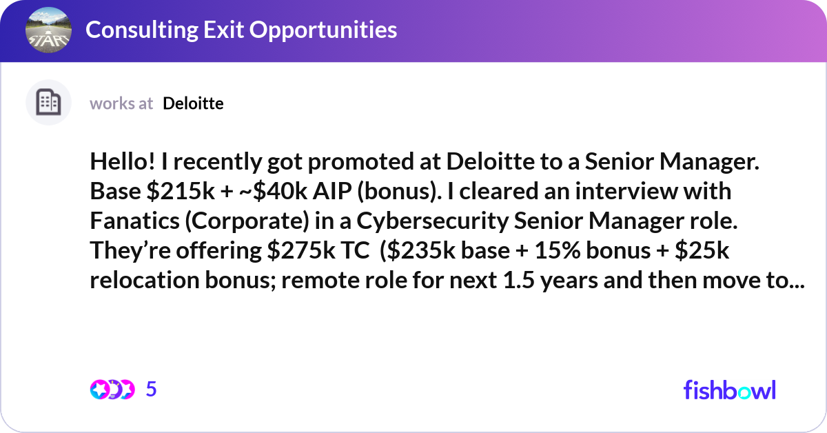 Hello! I recently got promoted at Deloitte to a Se... | Fishbowl
