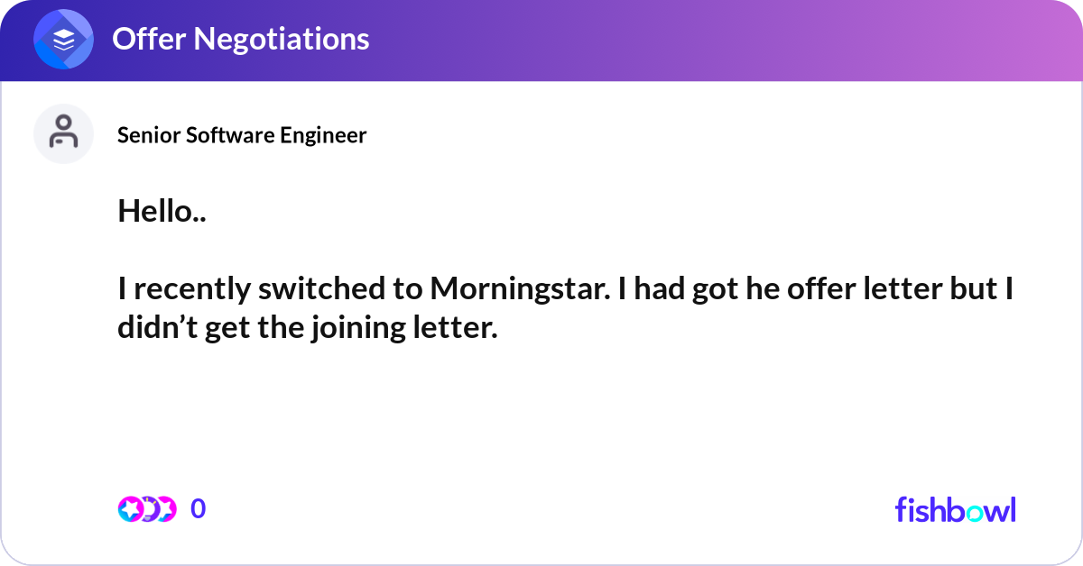 Hello.. I recently switched to Morningstar. I had... | Fishbowl