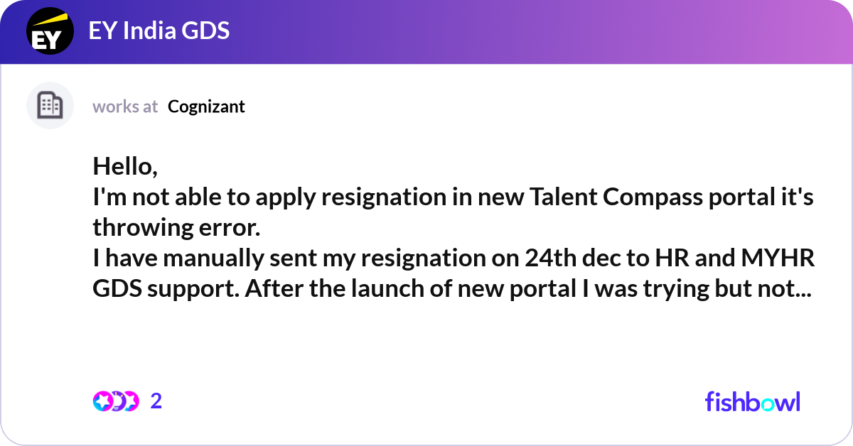 Hello, I'm not able to apply resignation in new Ta... | Fishbowl