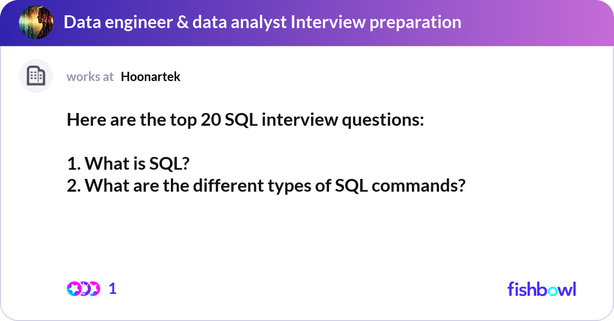 Here are the top 20 SQL interview questions: 1. W... | Fishbowl