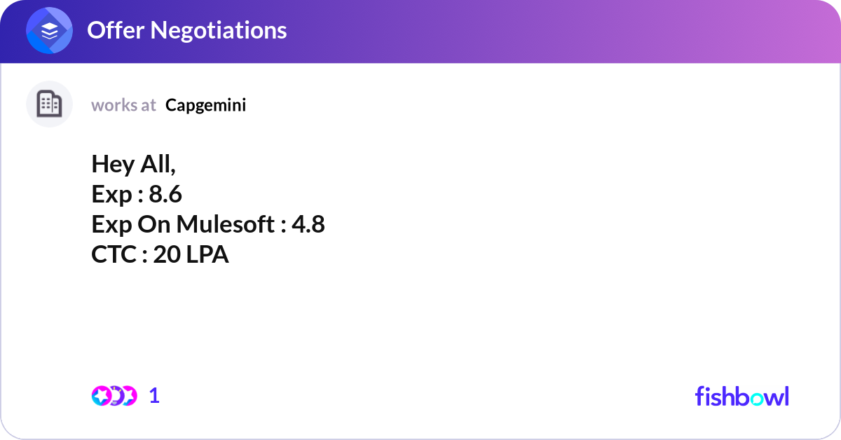 Hey All, Exp : 8.6 Exp On Mulesoft : 4.8 CTC : 2... | Fishbowl