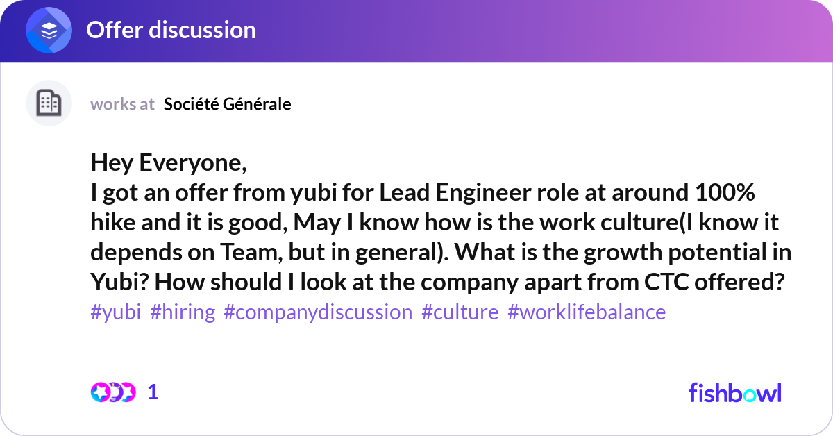 Hey Everyone, I got an offer from yubi for Lead En... | Fishbowl