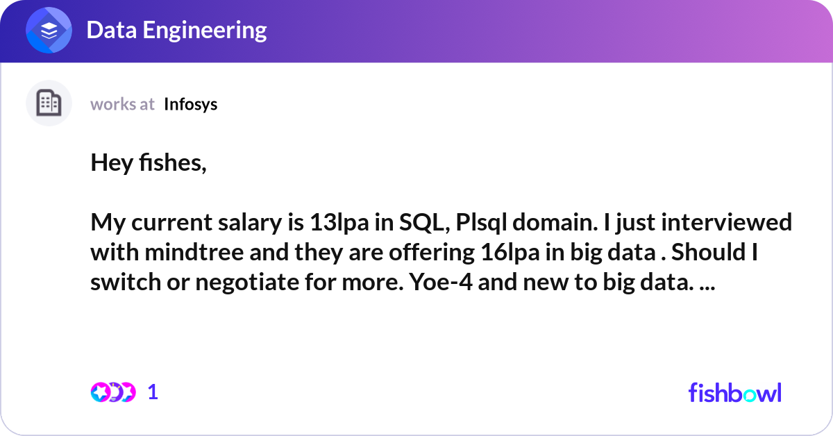 Hey fishes, My current salary is 13lpa in SQL, Pl... | Fishbowl
