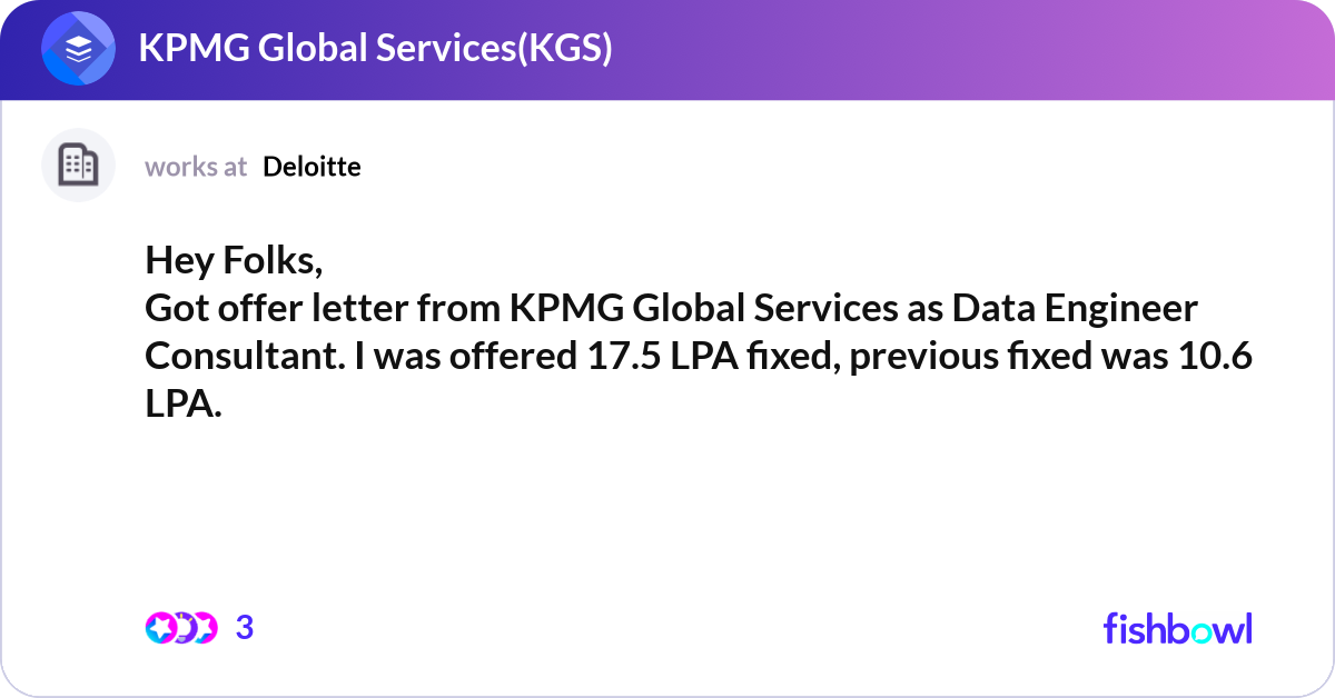 Hey Folks, Got offer letter from KPMG Global Servi... | Fishbowl