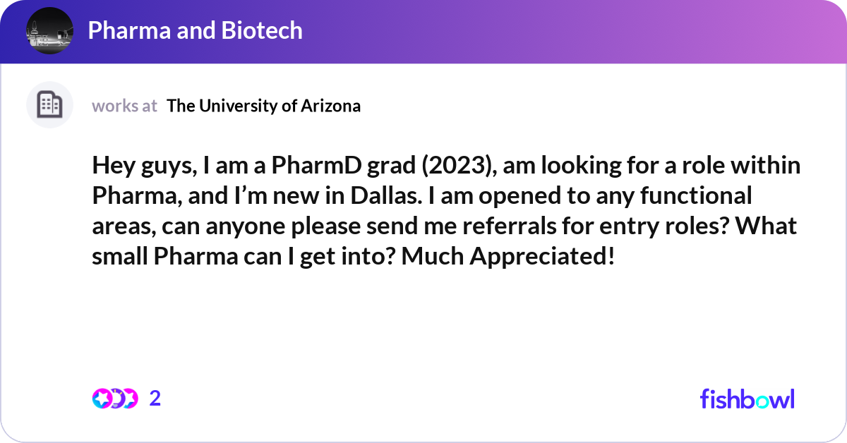Hey guys, I am a PharmD grad (2023), am looking fo... | Fishbowl