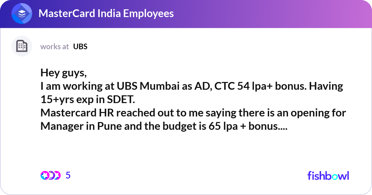 Hey guys, I am working at UBS Mumbai as AD, CTC 54... | Fishbowl