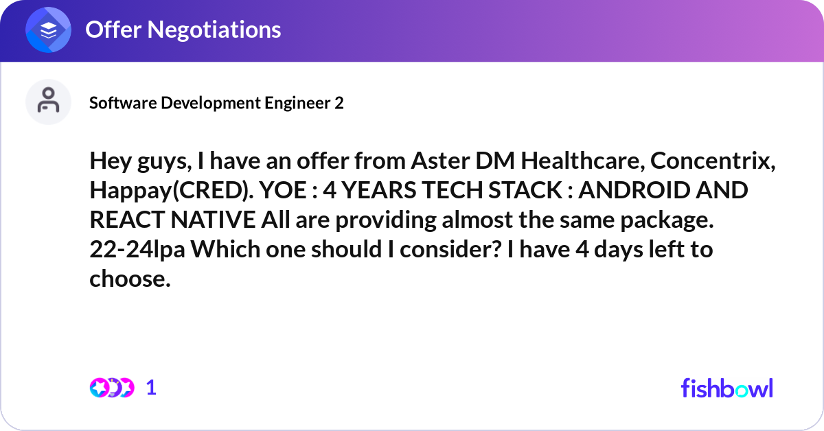 Hey guys, I have an offer from Aster DM Healthcare... | Fishbowl