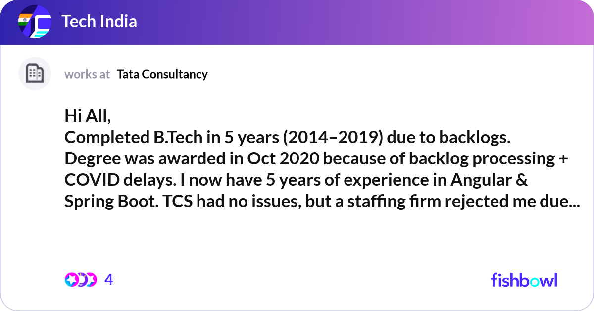 Hi All, Completed B.Tech in 5 years (2014–2019) du... | Fishbowl