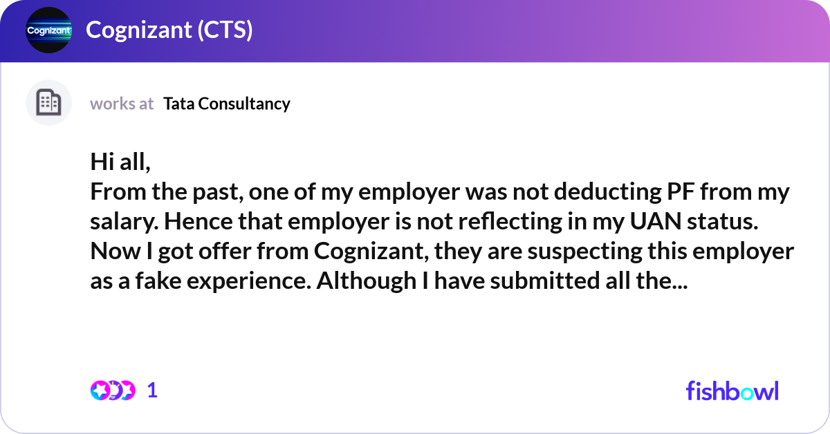 Hi all, From the past, one of my employer was not ... | Fishbowl
