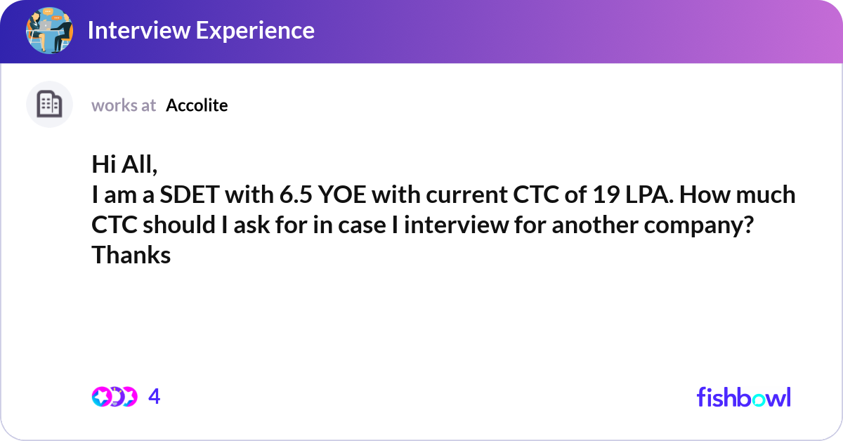 Hi All, I am a SDET with 6.5 YOE with current CTC... | Fishbowl