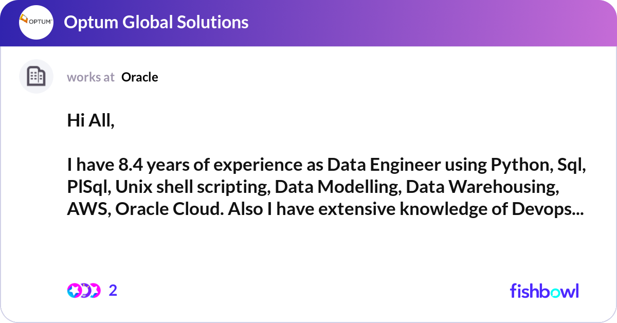 Hi All, I have 8.4 years of experience as Data En... | Fishbowl