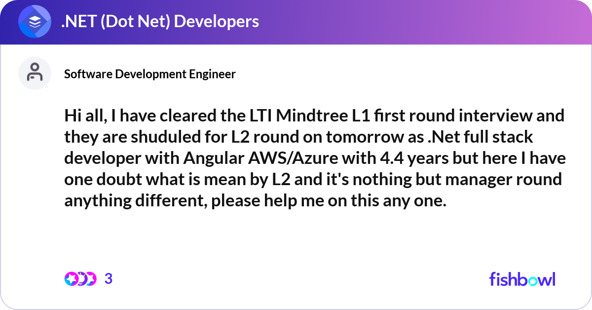 Hi all, I have cleared the LTI Mindtree L1 first r... | Fishbowl