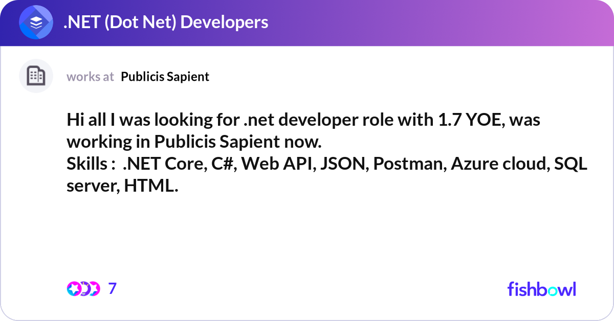 Hi all I was looking for .net developer role with ... | Fishbowl