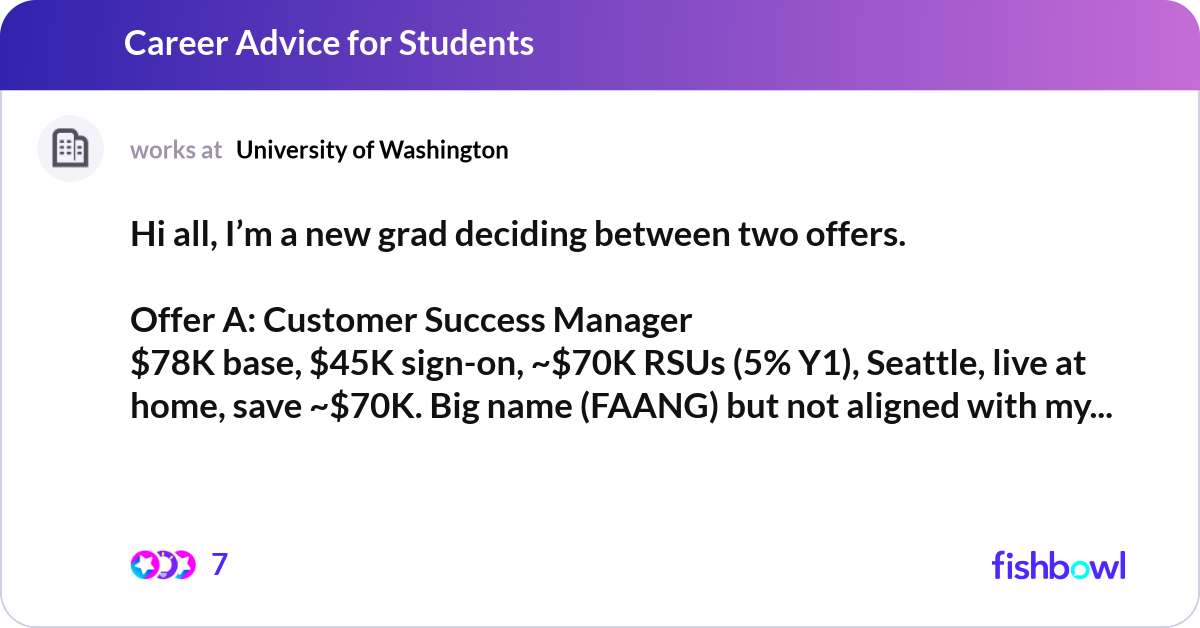 Hi all, I’m a new grad deciding between two offers... | Fishbowl