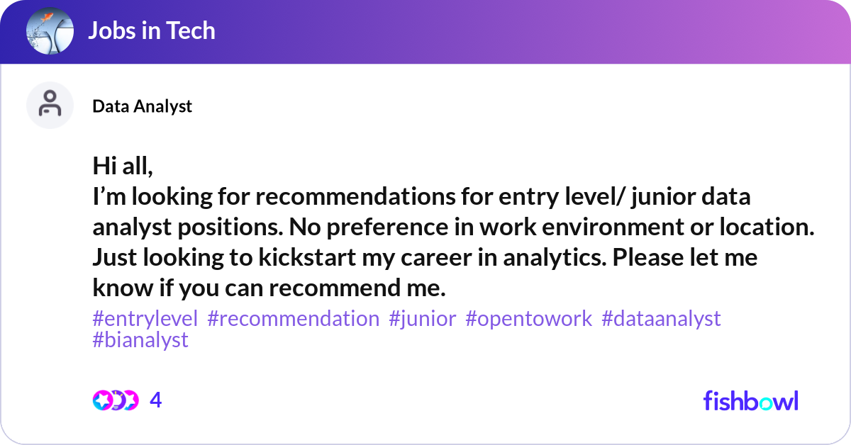 Hi all, I’m looking for recommendations for entry ... | Fishbowl