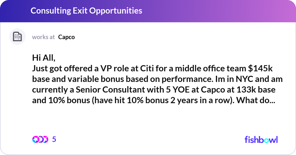 Hi All, Just got offered a VP role at Citi for a ... | Fishbowl