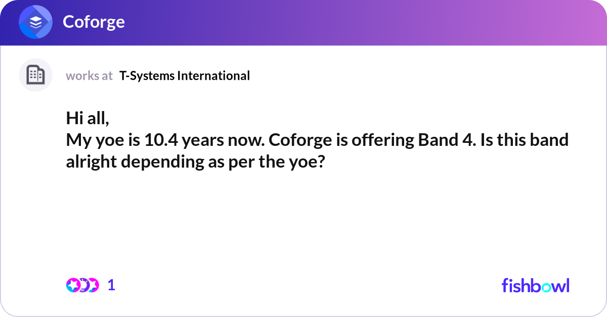 Hi all, My yoe is 10.4 years now. Coforge is offer... | Fishbowl
