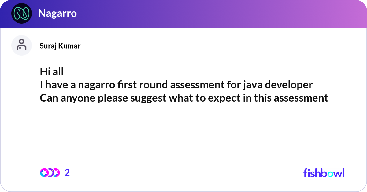 Hi all I have a nagarro first round assessment for... | Fishbowl