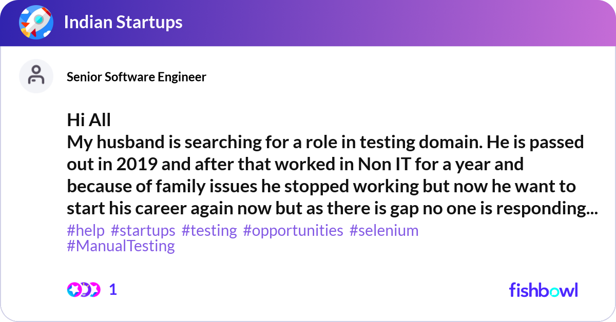 Hi All My husband is searching for a role in testi... | Fishbowl