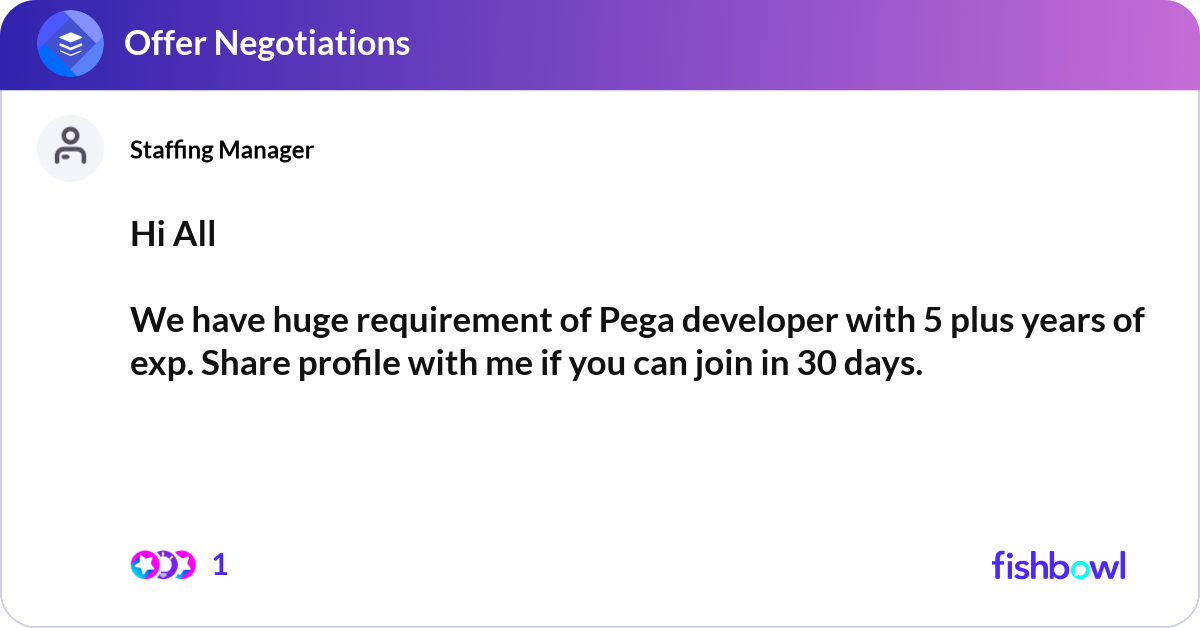 Hi All We have huge requirement of Pega developer... | Fishbowl
