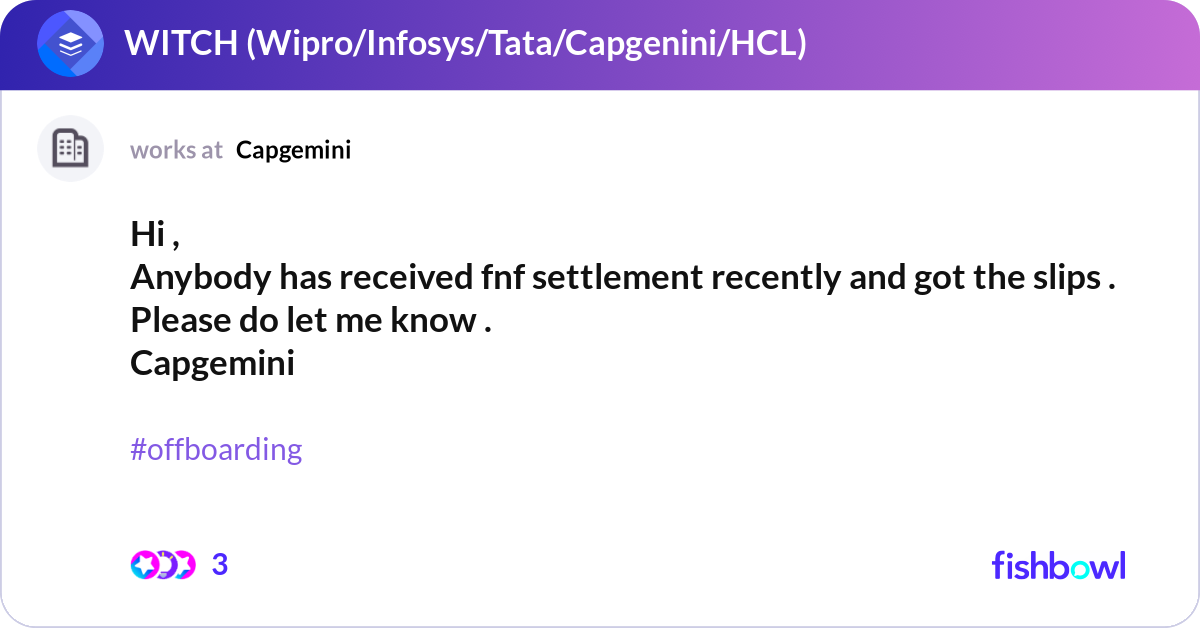 Hi , Anybody has received fnf settlement recently ... | Fishbowl