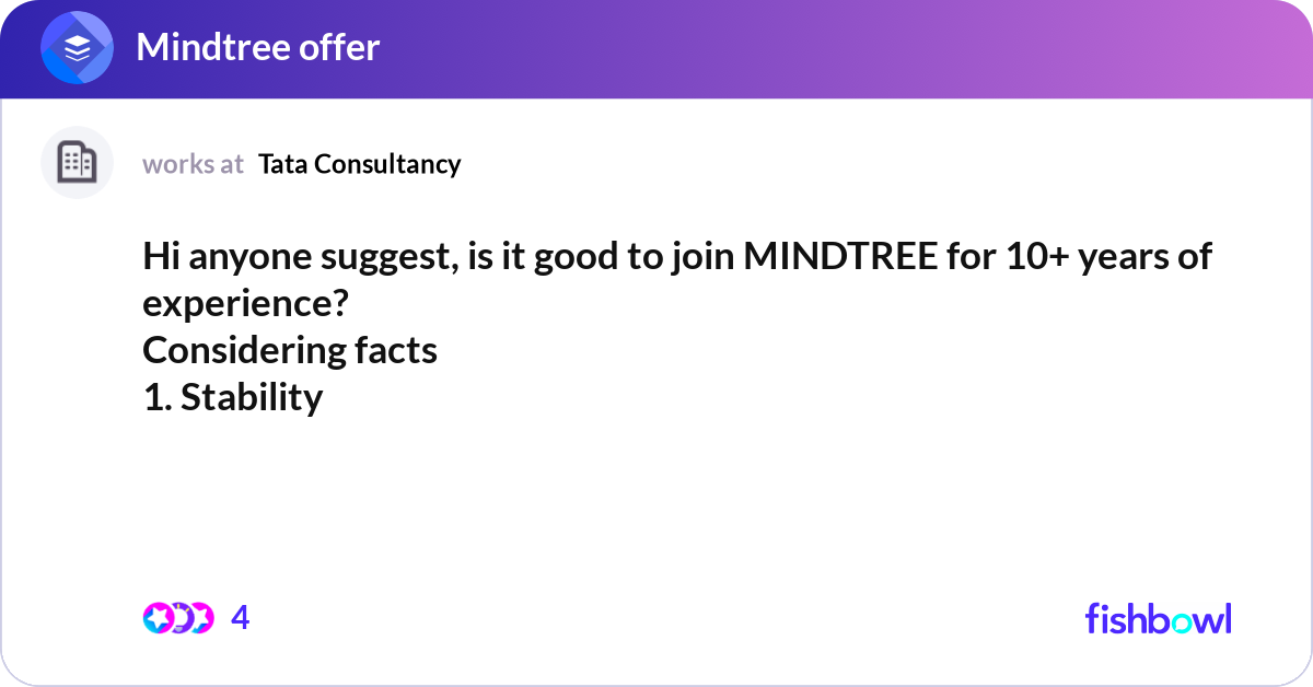 Hi anyone suggest, is it good to join MINDTREE for... | Fishbowl