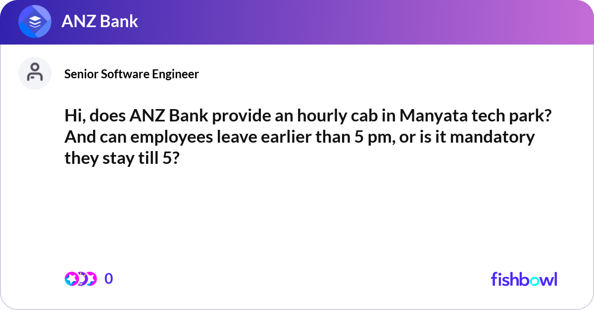 Hi, does ANZ Bank provide an hourly cab in Manyata... | Fishbowl