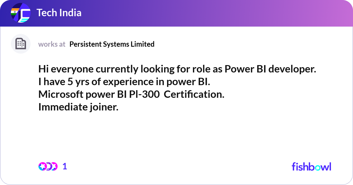 Hi everyone currently looking for role as Power BI... | Fishbowl